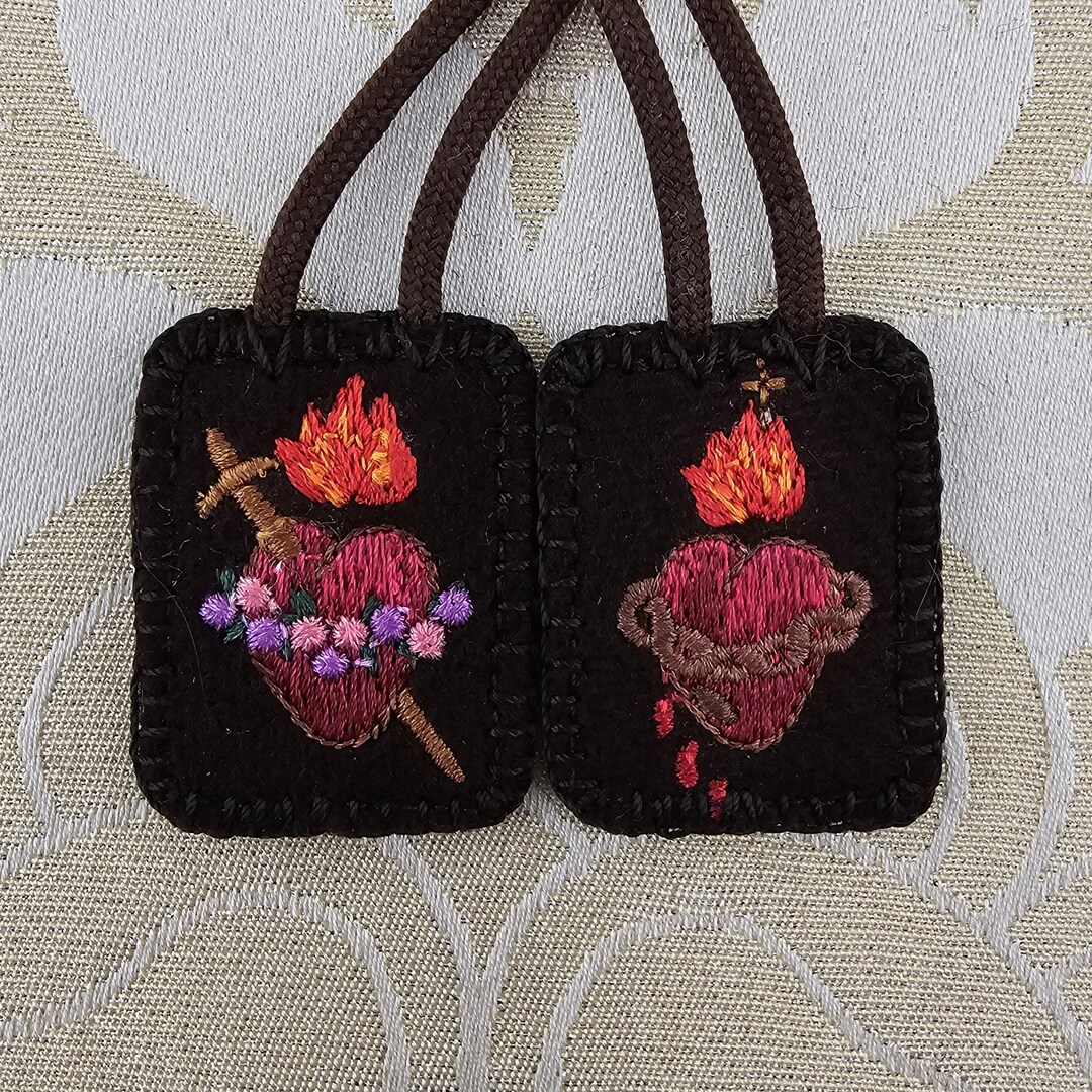 Mini Embroidered Brown Scapular*100% Woven Wool*sacred Heart Jesus ...
