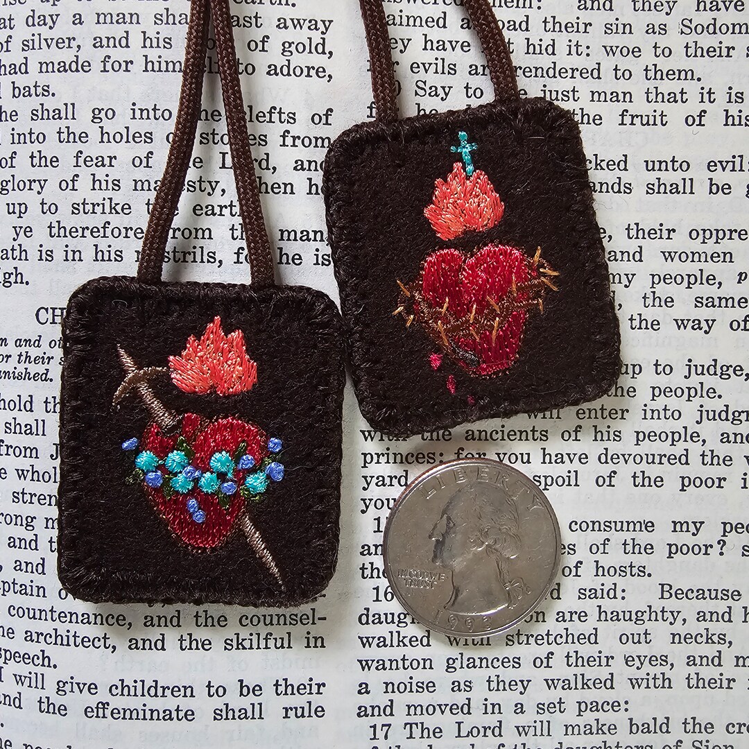Mini Embroidered Brown Scapular-100% Woven Wool-sacred Heart Jesus ...