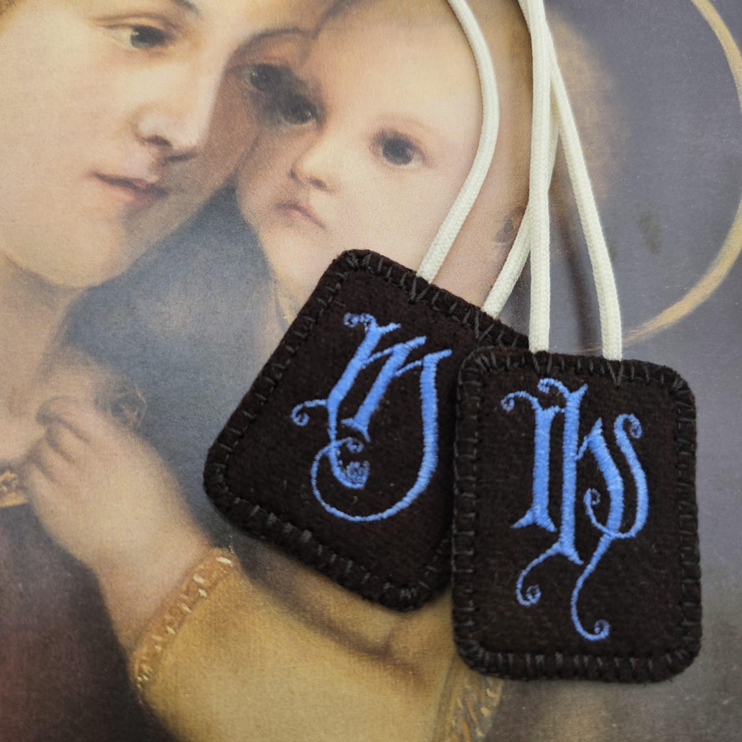 Embroidered Brown Scapular*100% Woven Wool*virgin Mary*jesus Ihs ...