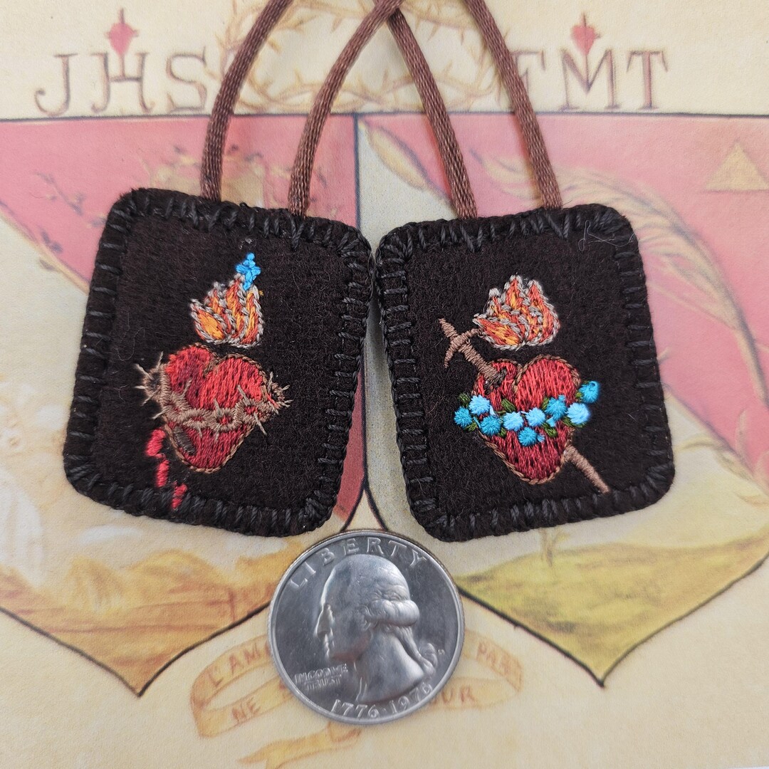 Embroidered Brown Scapular-100% Woven Wool-sacred Heart Jesus ...