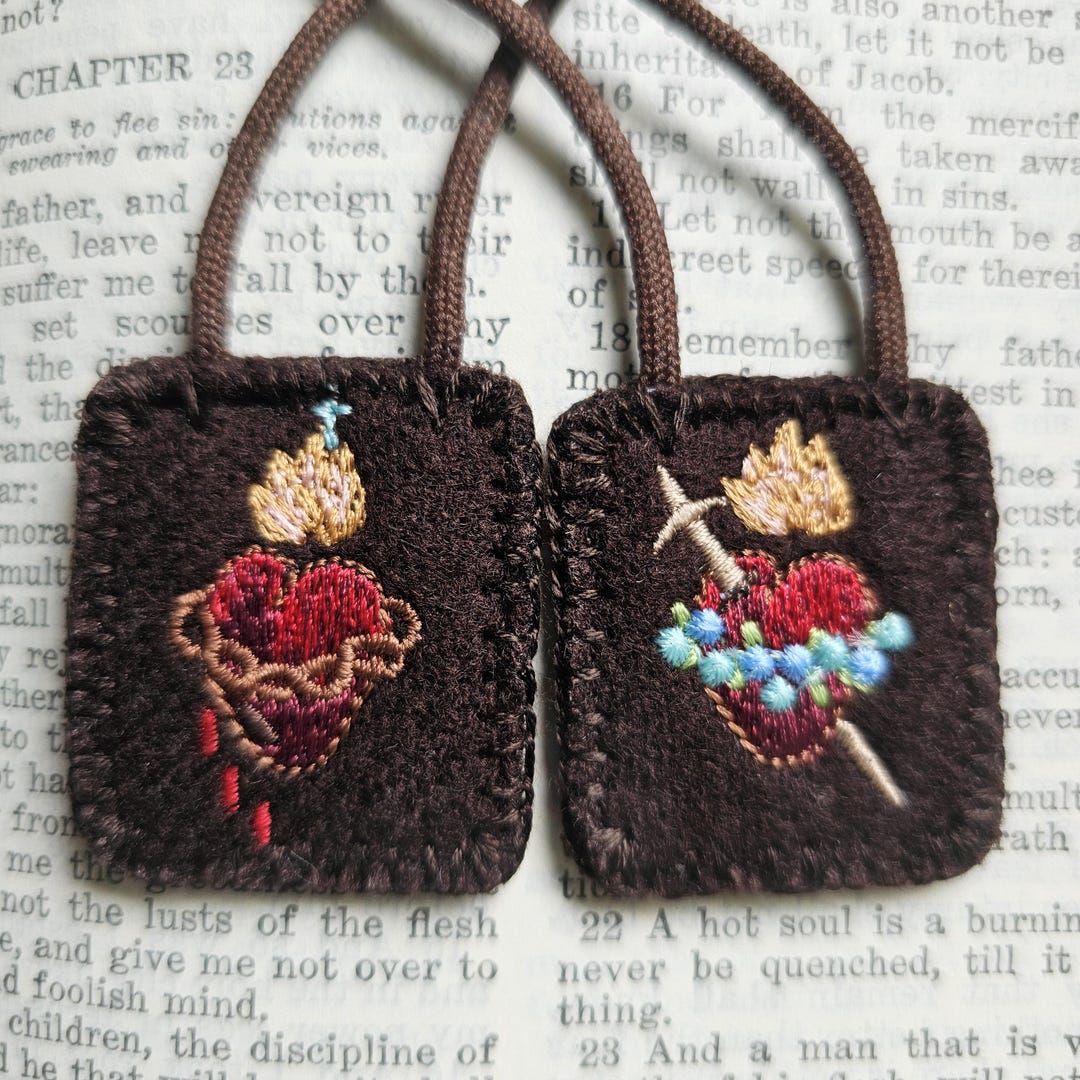 Embroidered Brown Scapular-100% Woven Wool-sacred Heart Jesus ...