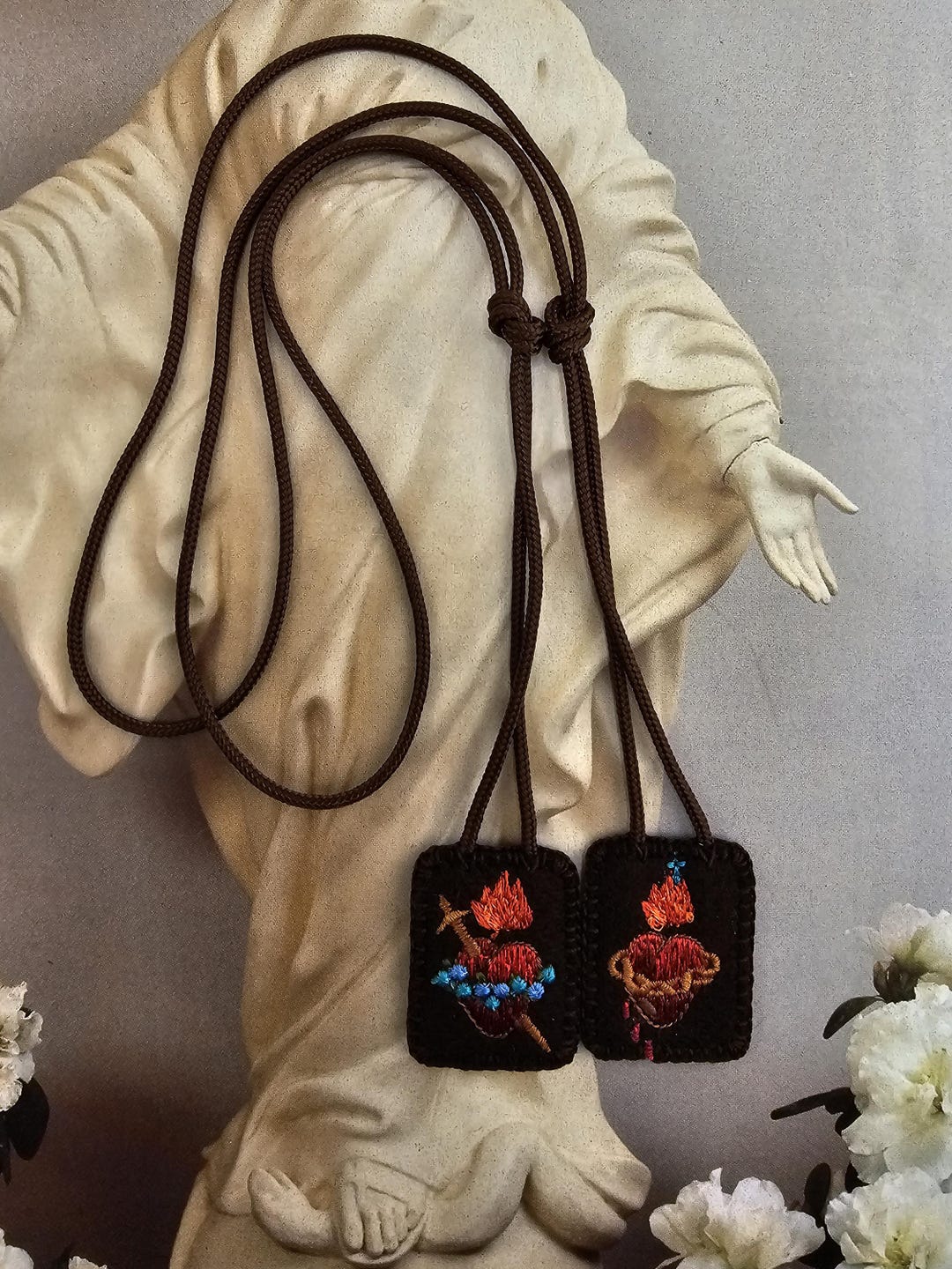Mini Embroidered Brown Scapular*100% Woven Wool*sacred Heart Jesus ...