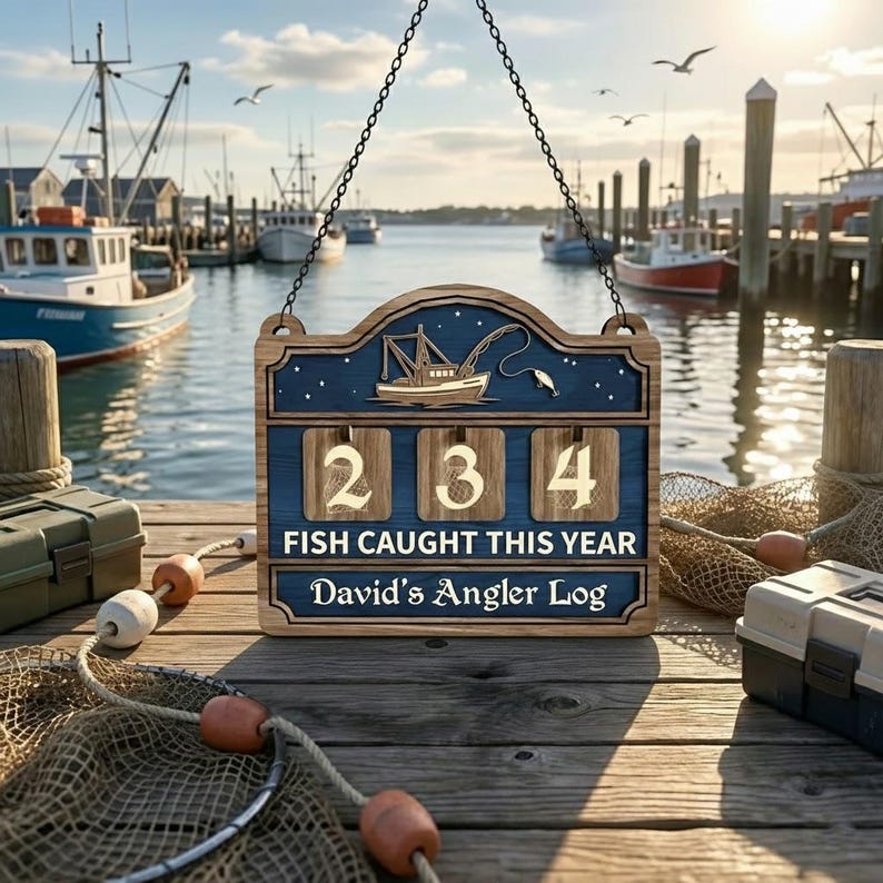 Personalized Fisher Tracker Sign, Fish Counter Wood Hanging Sign, Fish ...