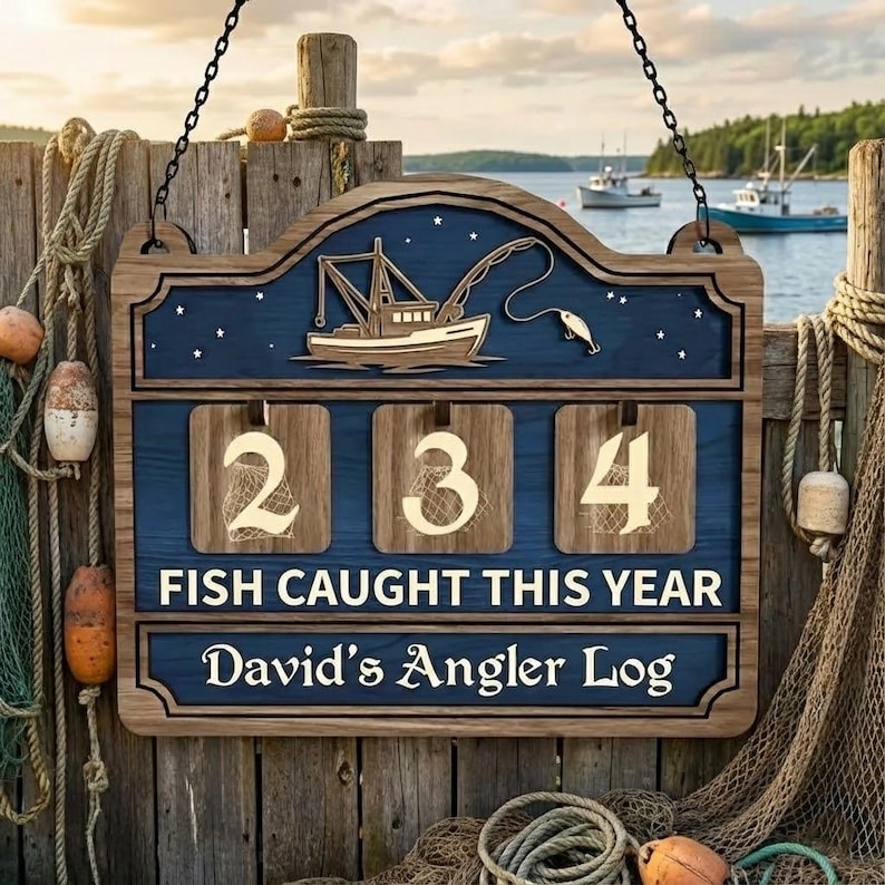 Personalized Fisher Tracker Sign, Fish Counter Wood Hanging Sign, Fish ...