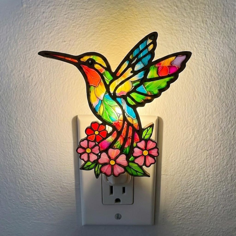 Hummingbird Night Light Plug In, Colorful Stained Glass Style Acrylic ...