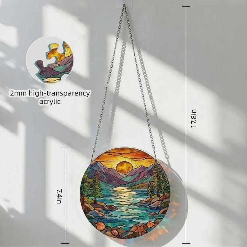 Mountain Lake Puzzle Suncatcher, Sunset Forest DIY Kit Stained Glass ...