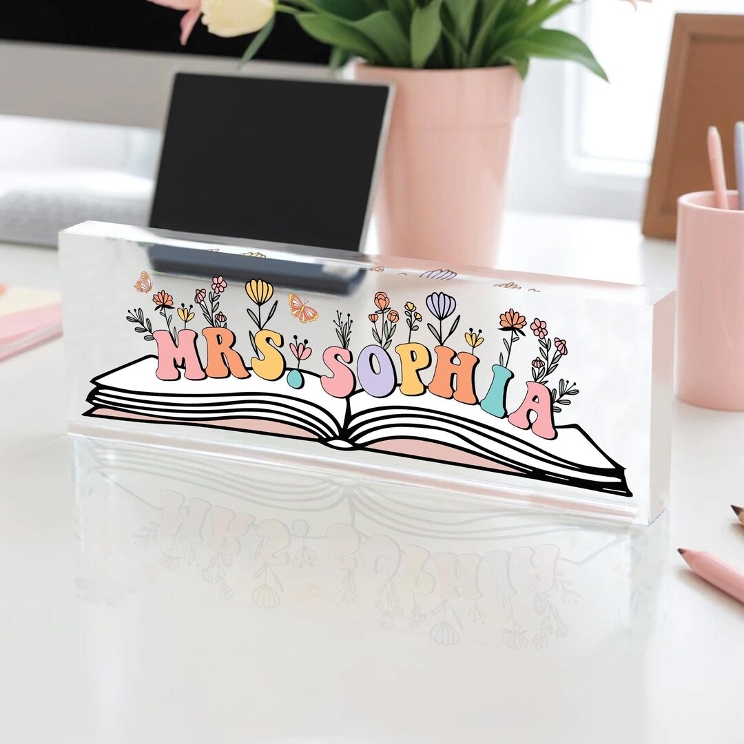 Personalized Teacher Floral Books Desk Name, Teacher Acrylic Desk Name ...