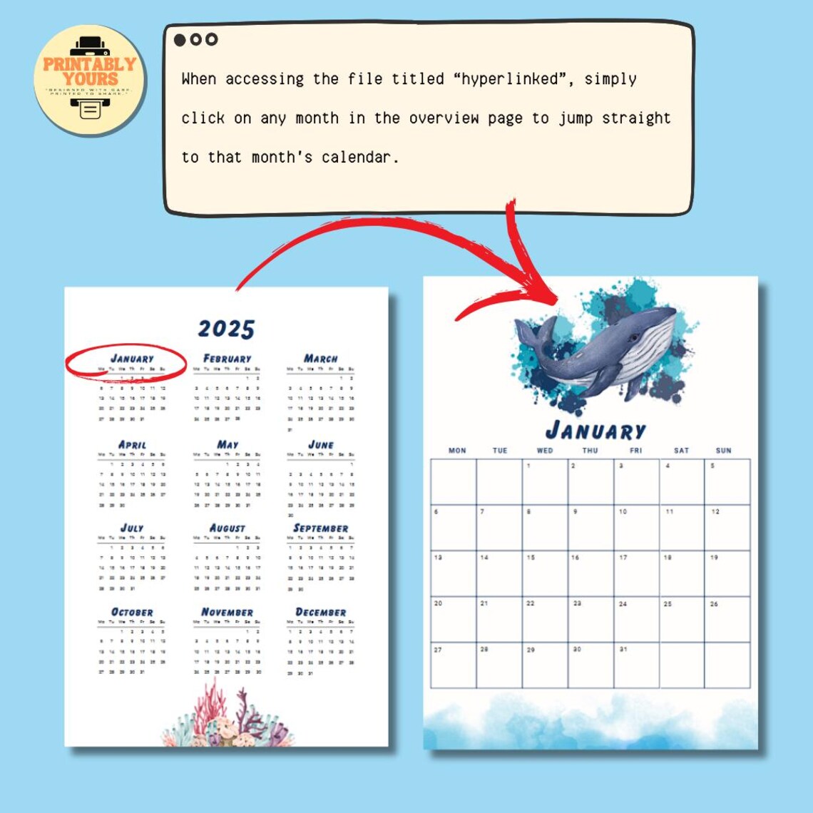 2025 Printable Calendar DIGITAL Download: Watercolor Under the Sea ...