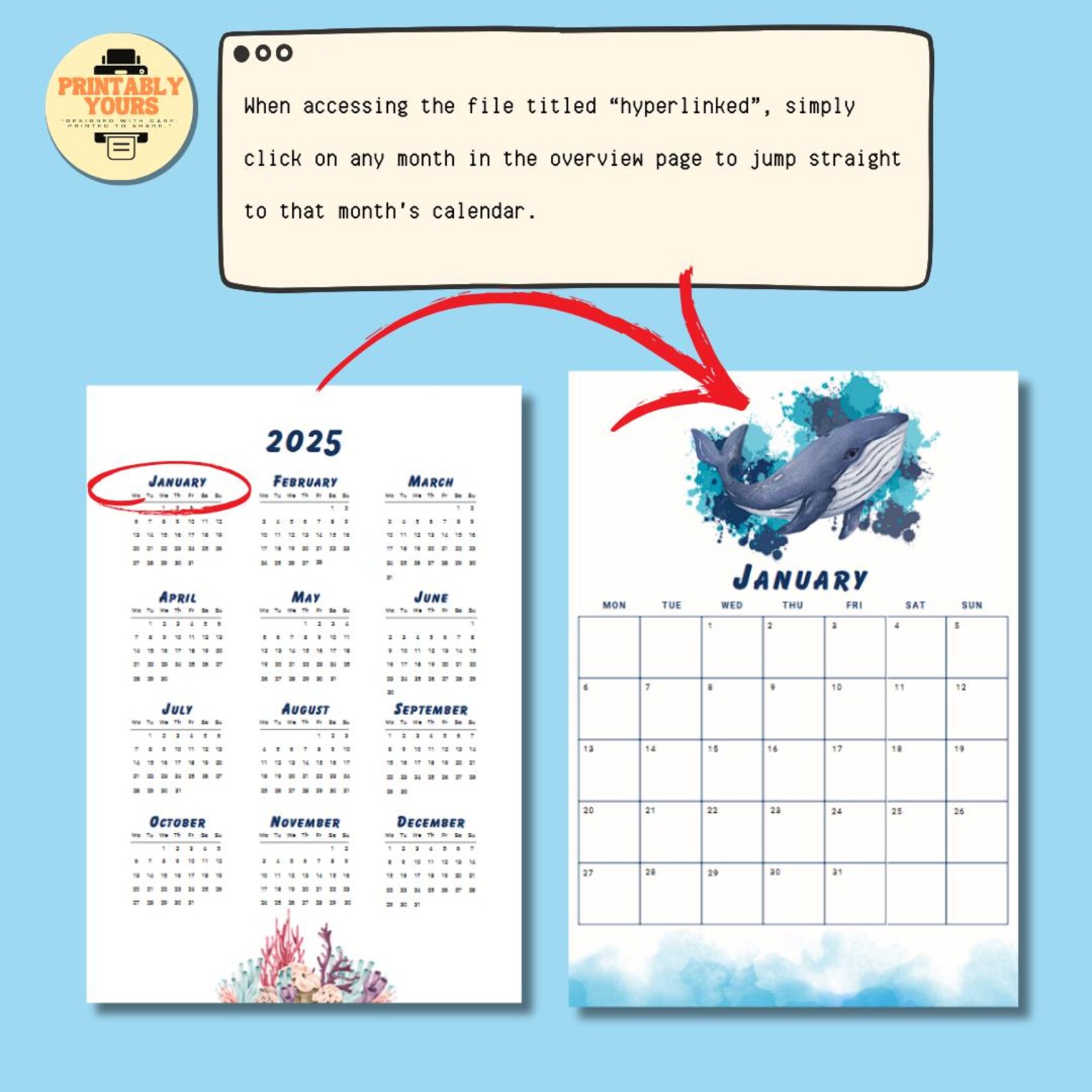 2025 Printable Calendar DIGITAL Download: Watercolor Under the Sea ...