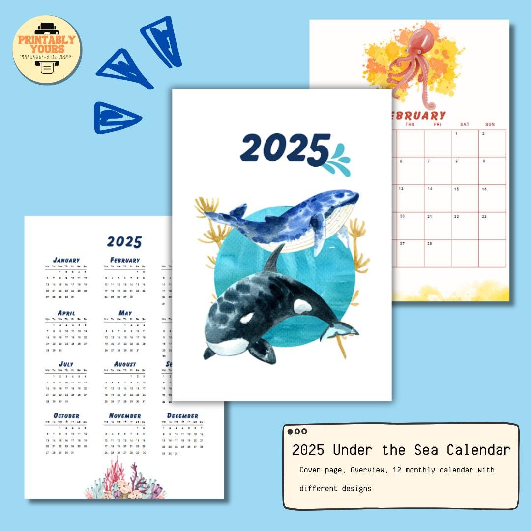 2025 Printable Calendar DIGITAL Download: Watercolor Under the Sea ...