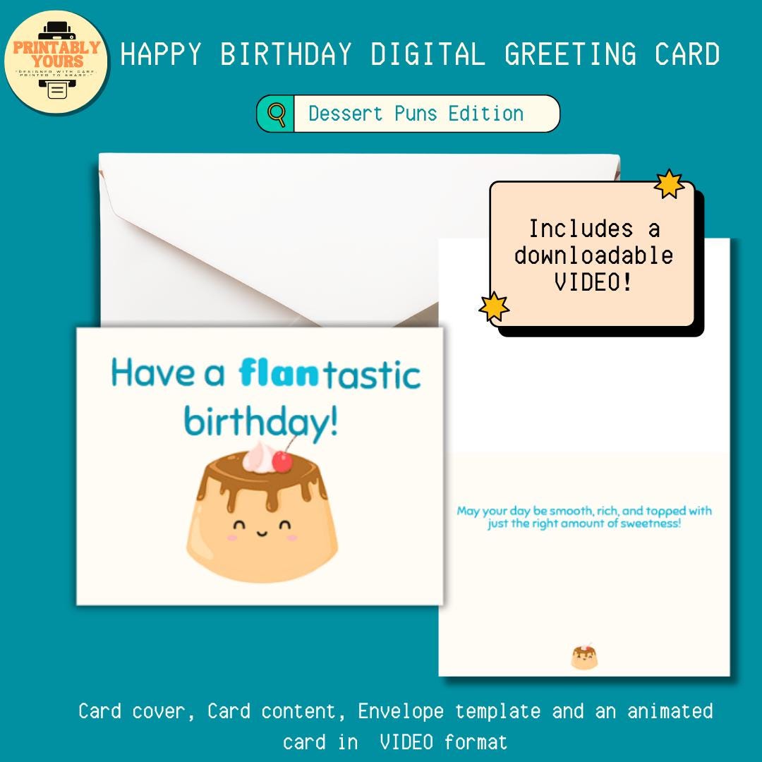 Happy Birthday DIGITAL Card - Dessert Puns Flan- Printable PDF Card and ...