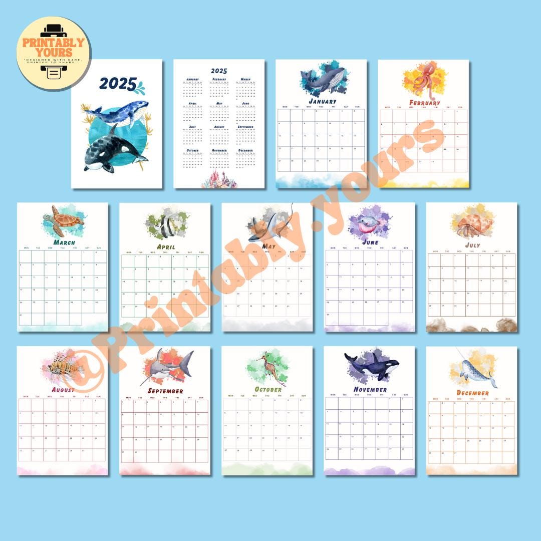 2025 Printable Calendar DIGITAL Download: Watercolor Under the Sea ...