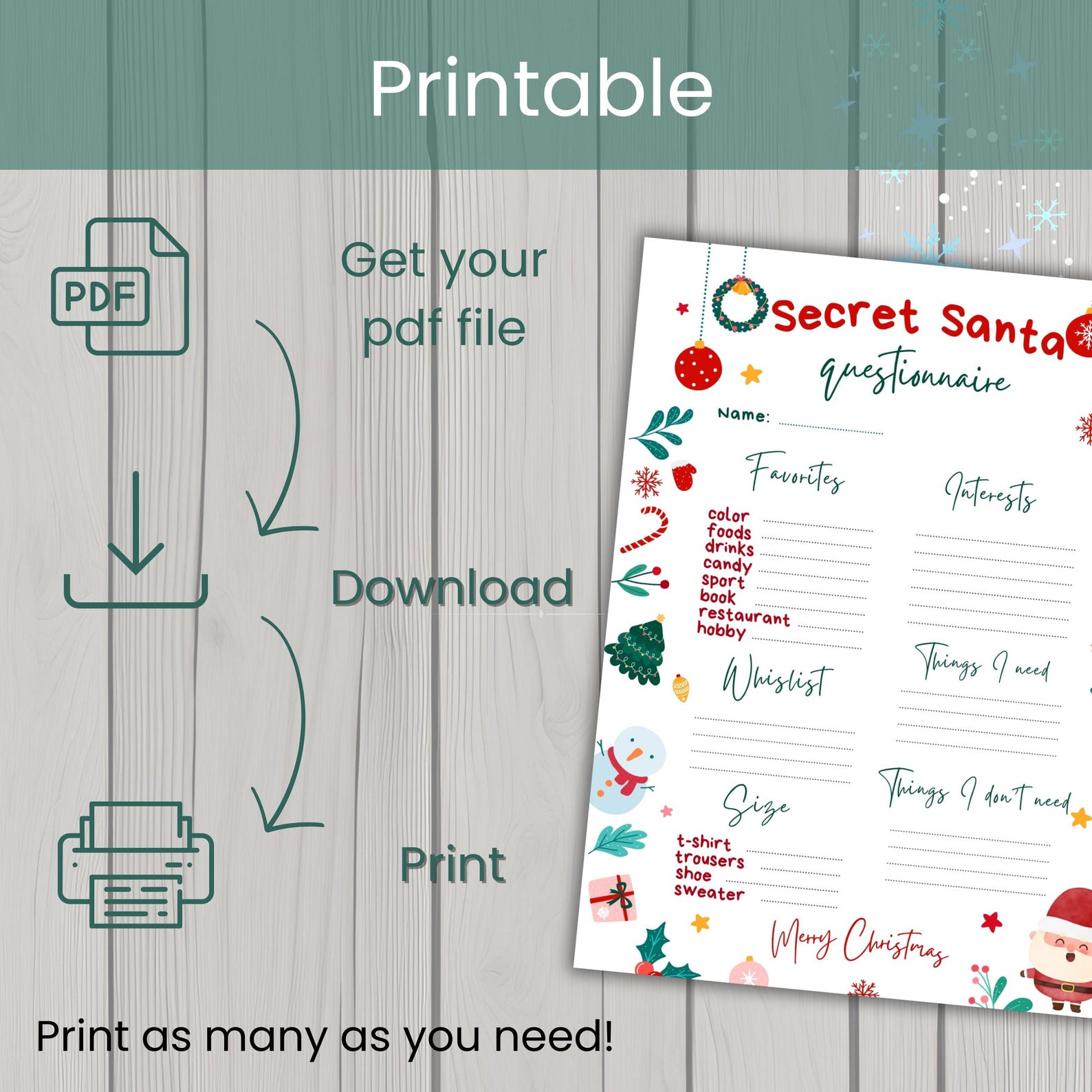 Personalized Secret Santa Quiz Printable Questionnaire Christmas Secret ...