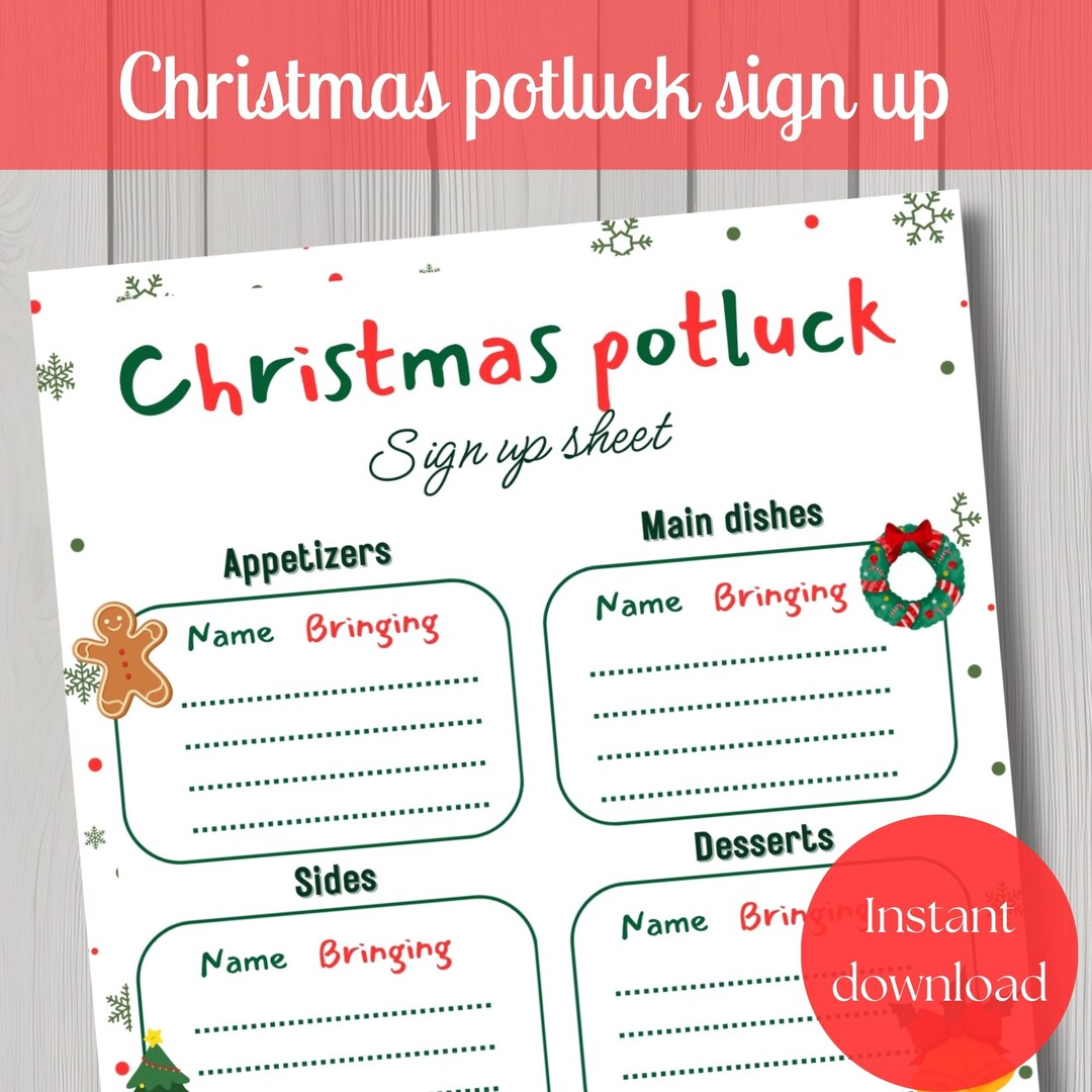 Christmas Potluck Sign up Sheet for Holiday Party Potluck Work Party ...