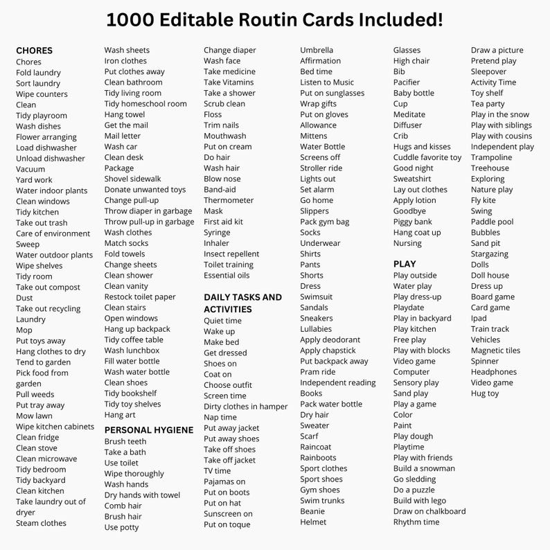 Weekly Plan for Children 1000 Daily Routine Cards, Kids Weekly Planner ...