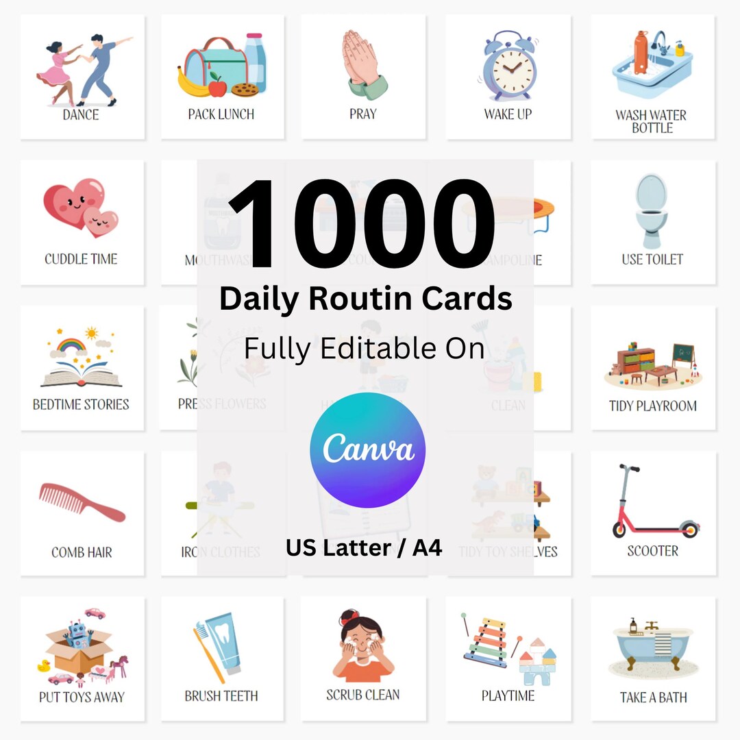 1000 Editable Daily Routine Cards & Charts for Kids, Visual Schedule ...