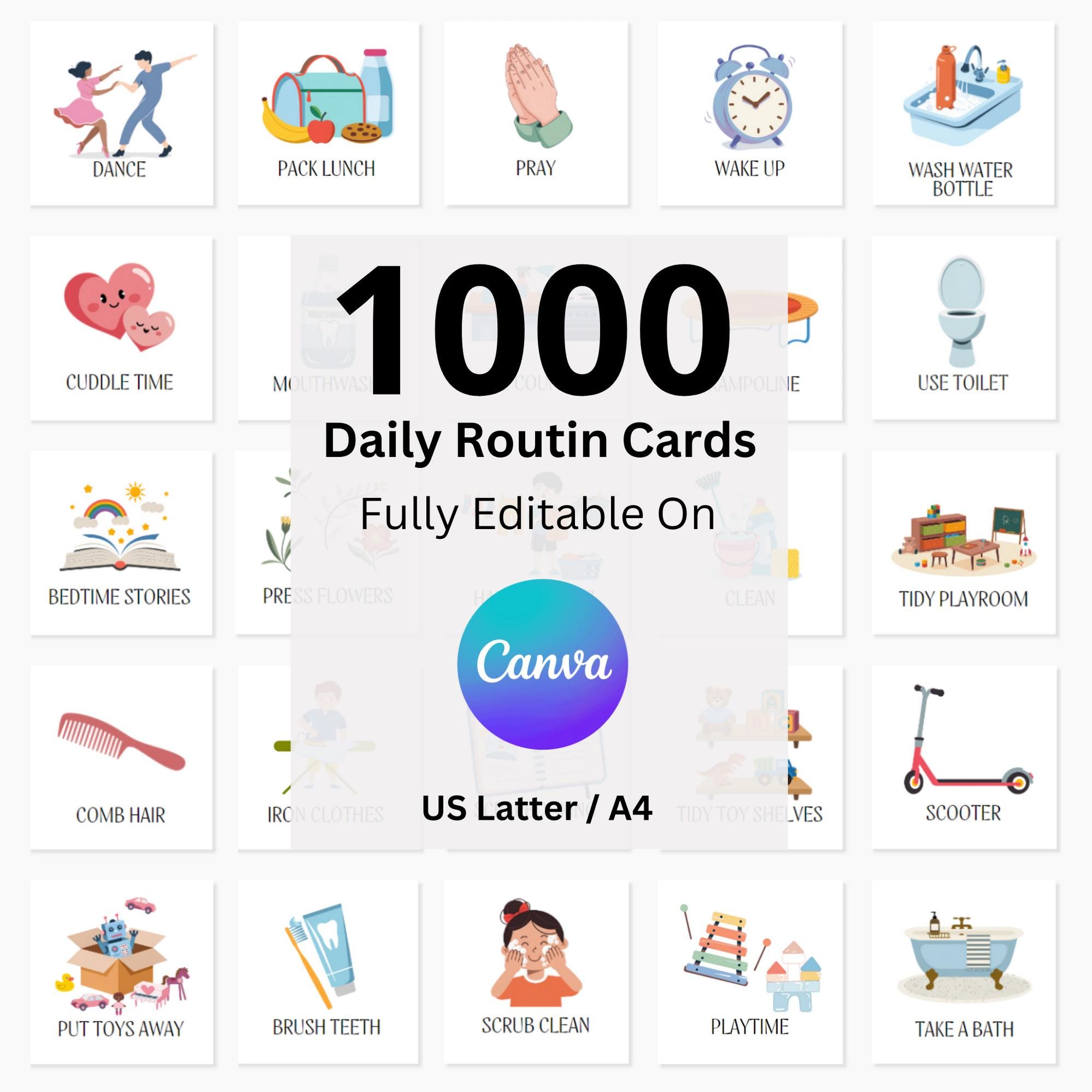 1000 Editable Daily Routine Cards & Charts for Kids, Visual Schedule ...