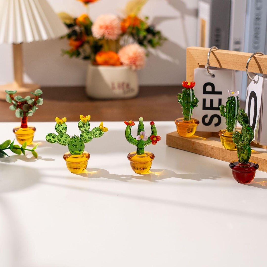 Hand Blown Glass Cactus Figurine, Miniature Potted Succulent Decor - Etsy