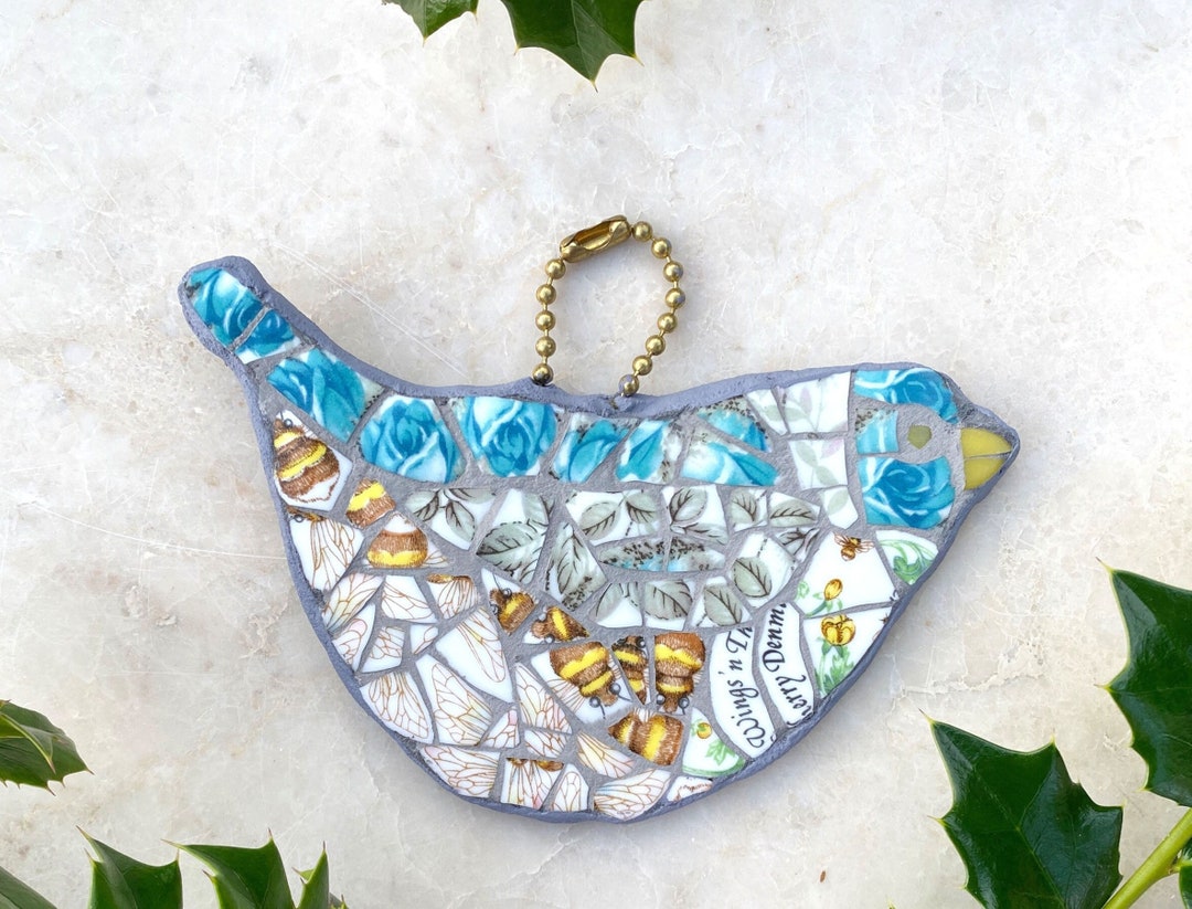 Quirky Mosaic Bird Upcycled Crockery With Turquoise Flowers and Bees ...