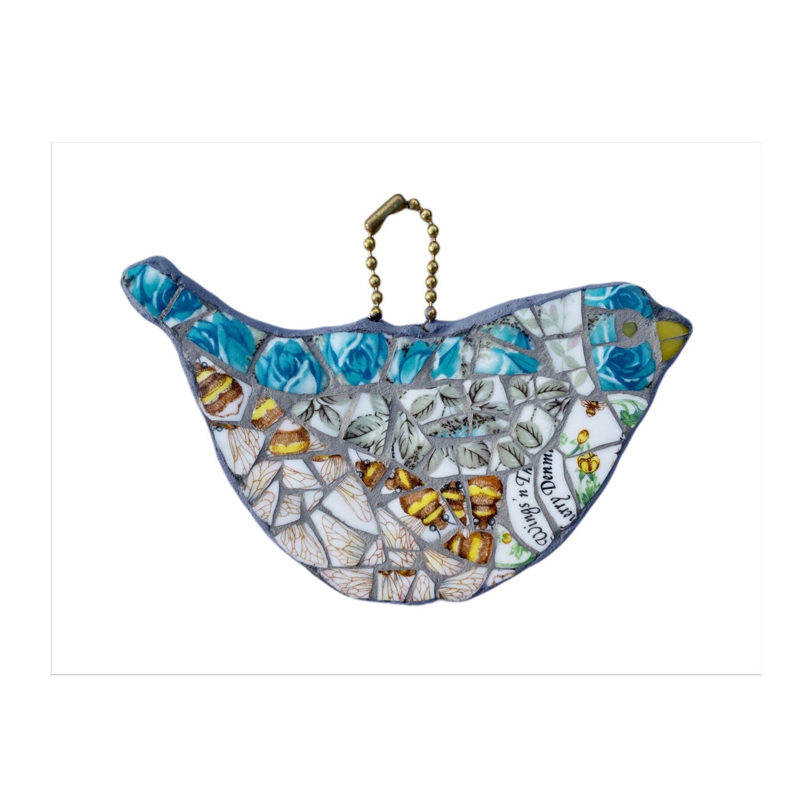 Quirky Mosaic Bird Upcycled Crockery With Turquoise Flowers and Bees ...