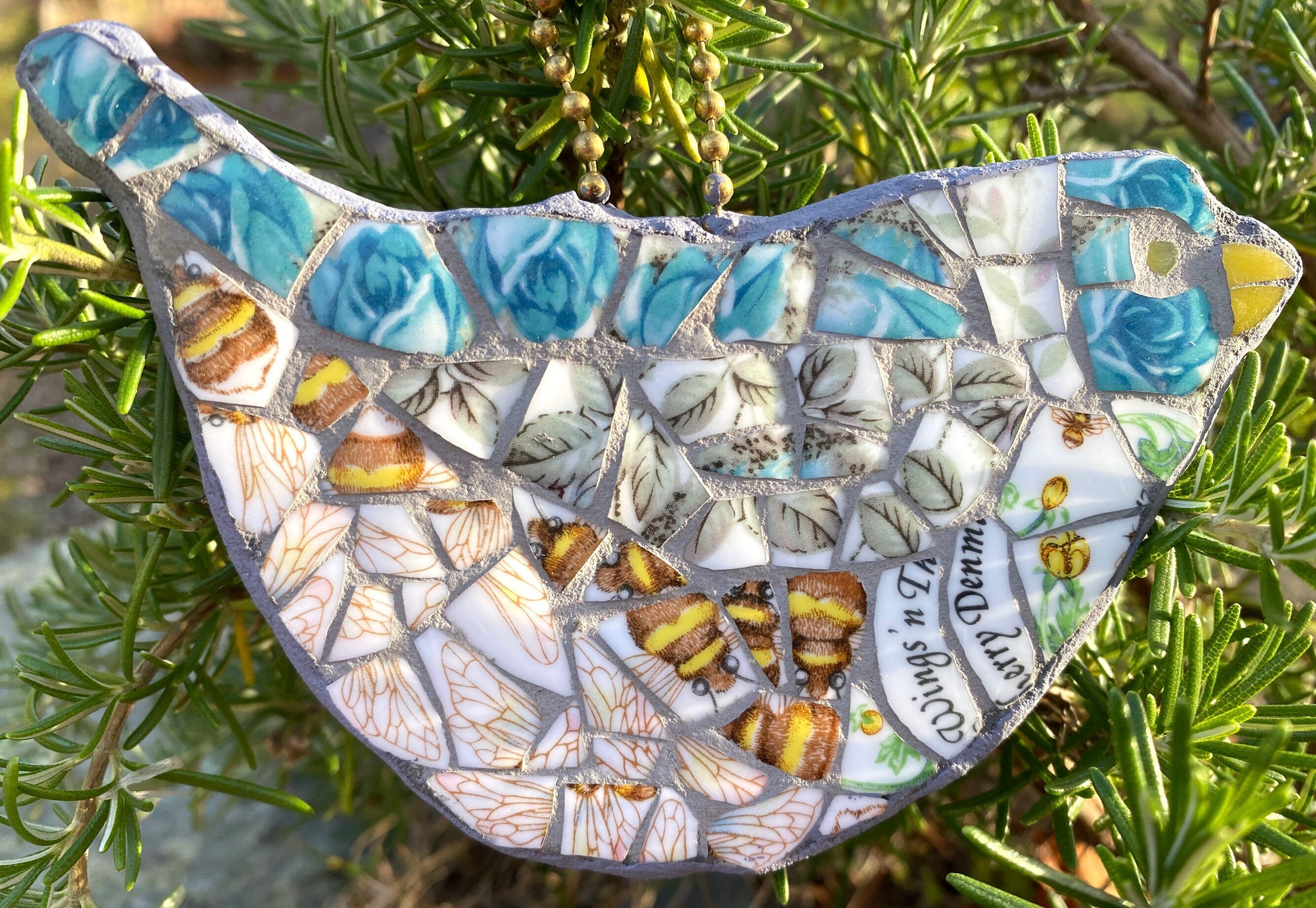 Quirky Mosaic Bird Upcycled Crockery With Turquoise Flowers and Bees ...