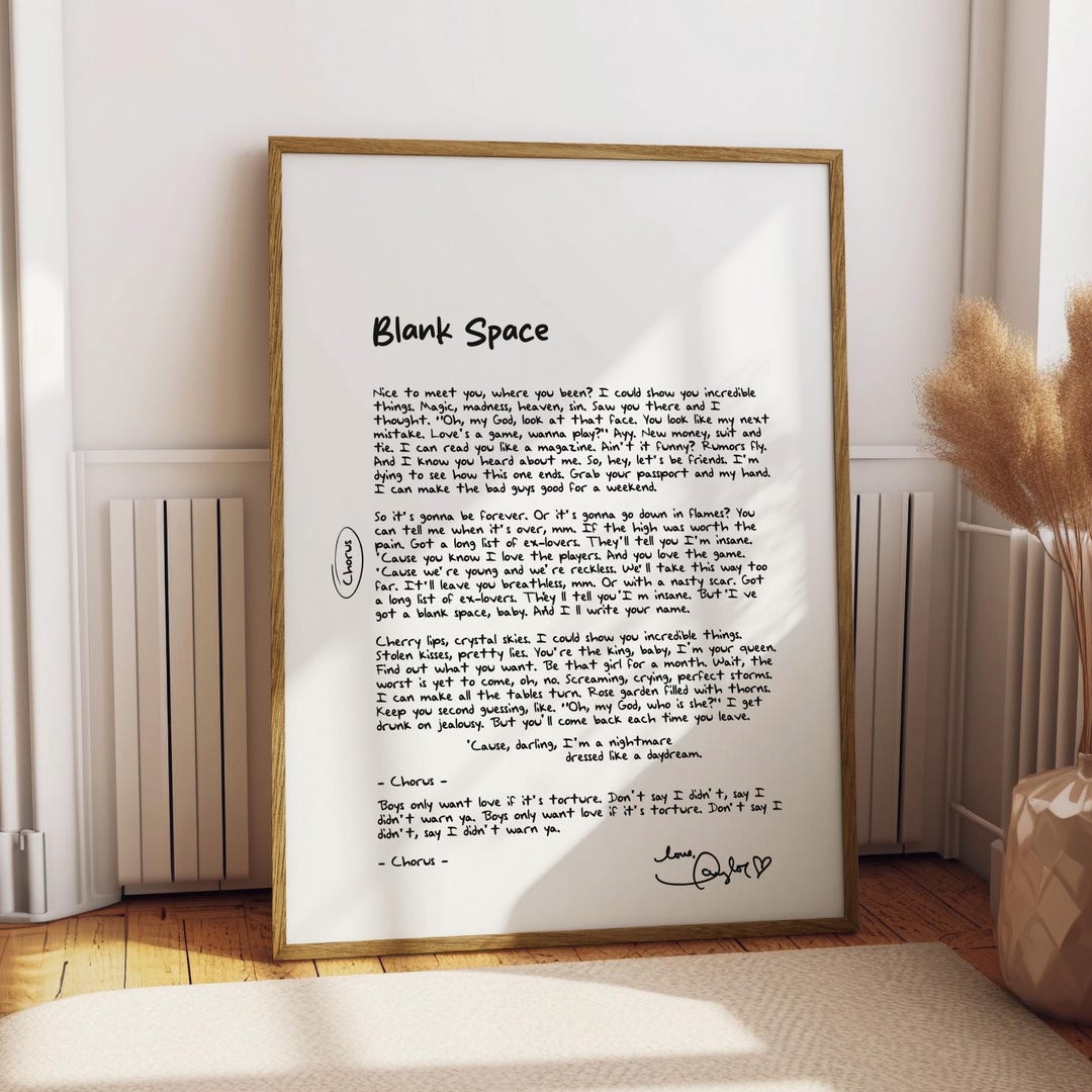 Printable Wall Art - TS Blank Space Lyrics With Her Handwriting - 1989 Albume - Home Decor ...