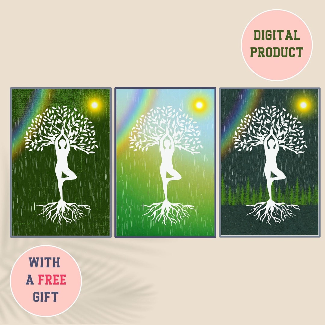Tree Pose in Yoga Digital Wall Art, Yogi in Vrikshasana Print, Rainbow ...