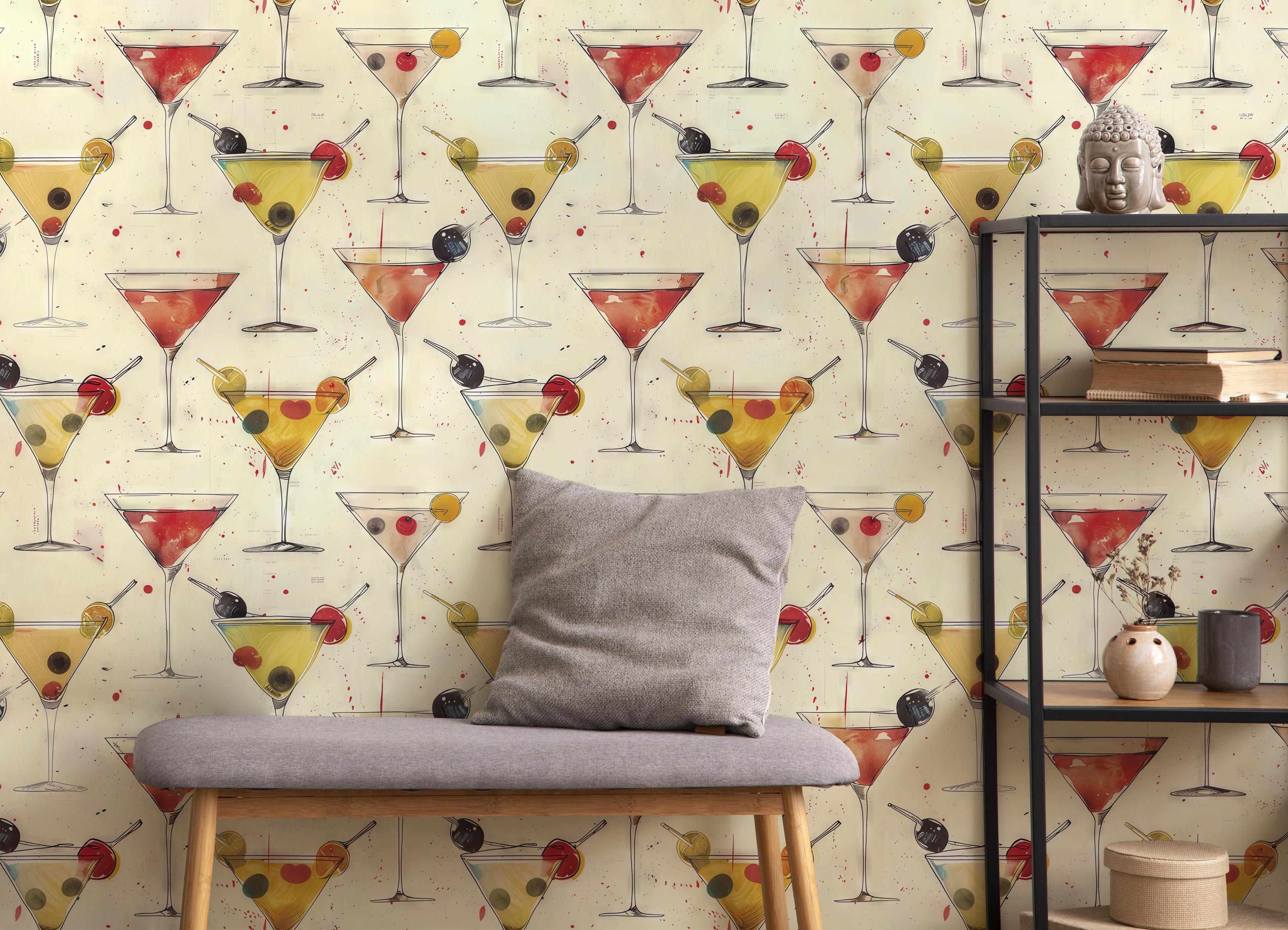 Retro Cocktail Martini Wallpaper | Art Mural | Peel and Stick Wallpaper ...