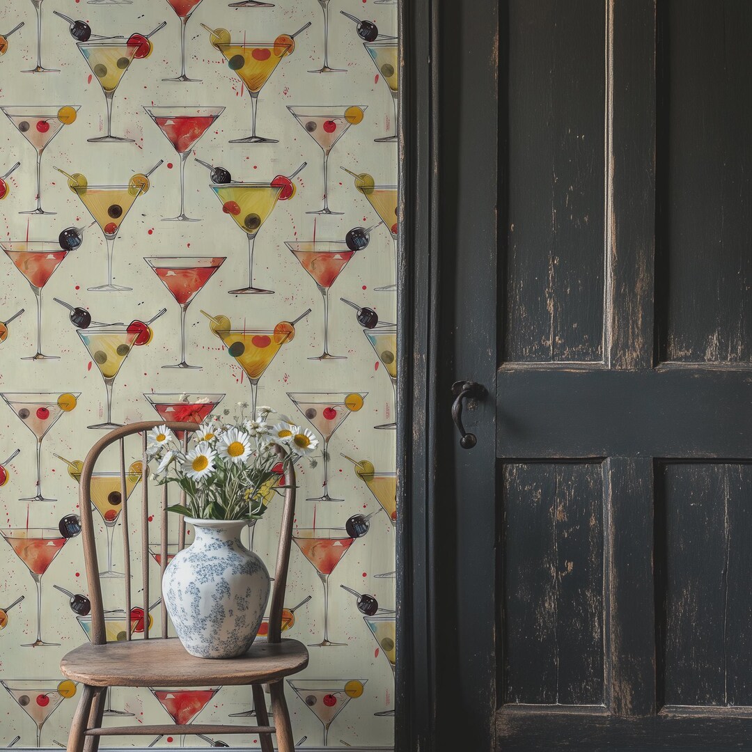 Retro Martini Cocktail Wallpaper: Peel and Stick Art Mural - Etsy