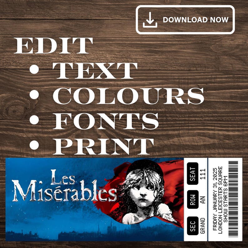 Printable Les Miserables Theatre Ticket, Instant Download, Personalized Gift Reveal, Editable ...