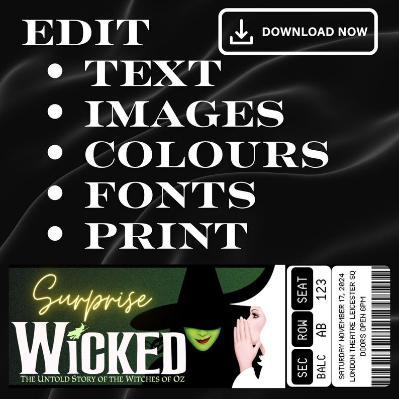 Printable Wicked Musical Theatre Ticket, Instant Download, Personalized ...