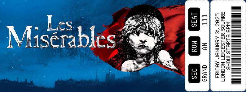 Printable Les Miserables Theatre Ticket, Instant Download, Personalized Gift Reveal, Editable ...
