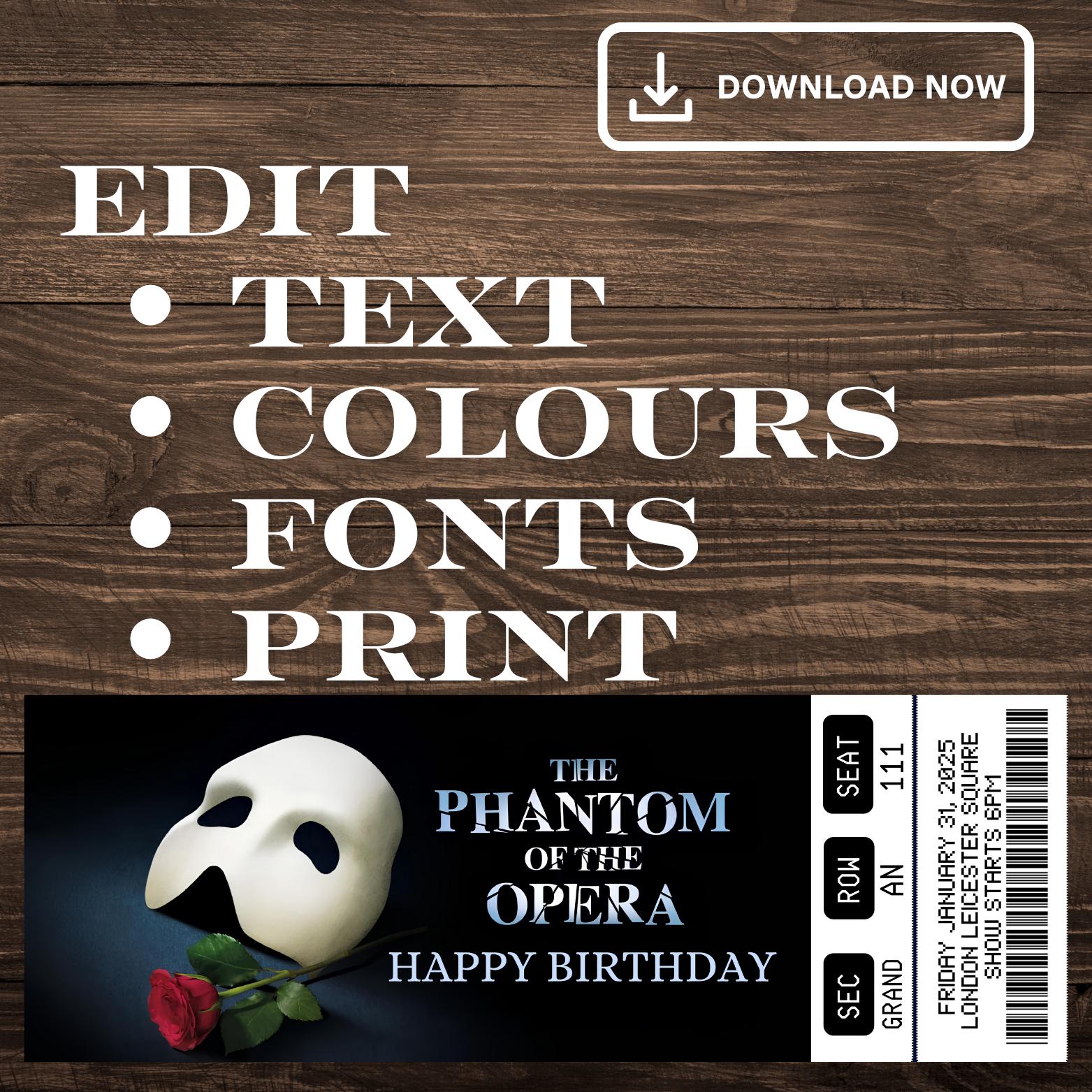 Printable Phantom of the Opera Theatre Ticket, Instant Download ...