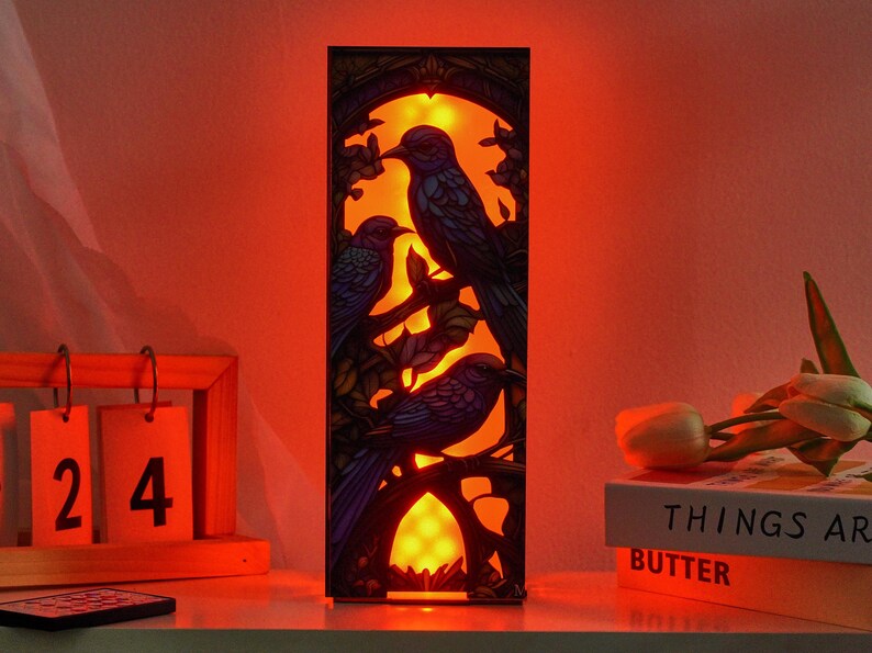 Mosaic Bird Wooden Box Lamp - Gift for Bird Lovers, LED Light, Handmade ...
