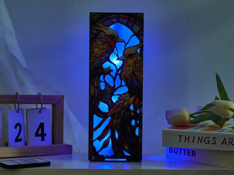 Mosaic Bird Wooden Box Lamp - Gift for Bird Lovers, LED Light, Handmade ...