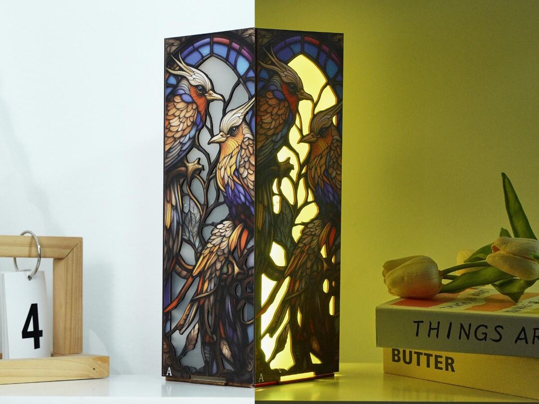 Mosaic Bird Wooden Box Lamp - Gift for Bird Lovers, LED Light, Handmade ...