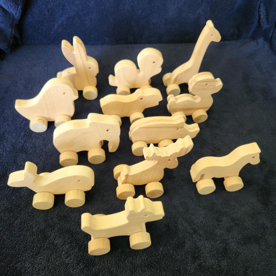 12 Wooden Animals on Wheels, Wooden Animals Toys, Set Wooden Animals ...