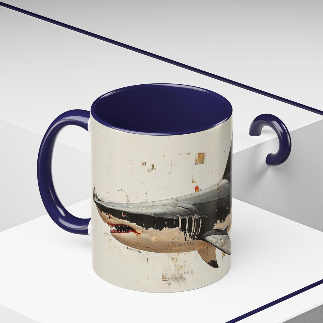 Mug, Shark Painting Coffee Mug With Light Blue and Dark Blue Trim, Sea ...