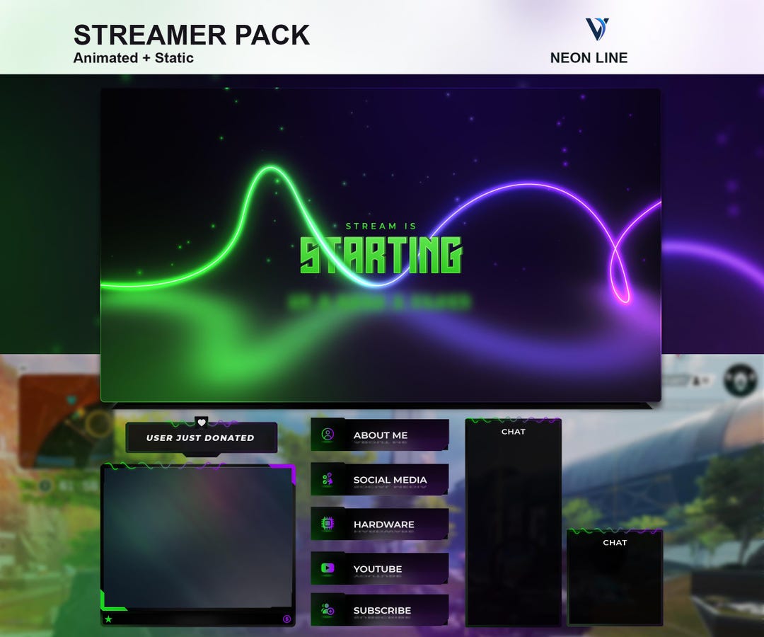 Neon Line Stream Overlay Pack: Green & Purple, Animated (digital ...