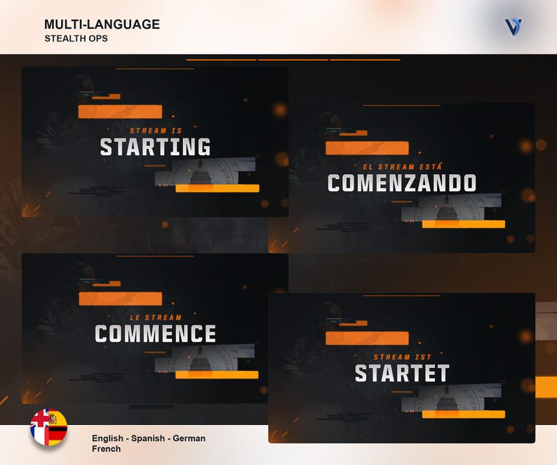 Stealth Ops Stream Pack Animated, Military Black Orange Themed Twitch Overlay Bundle | Kick ...