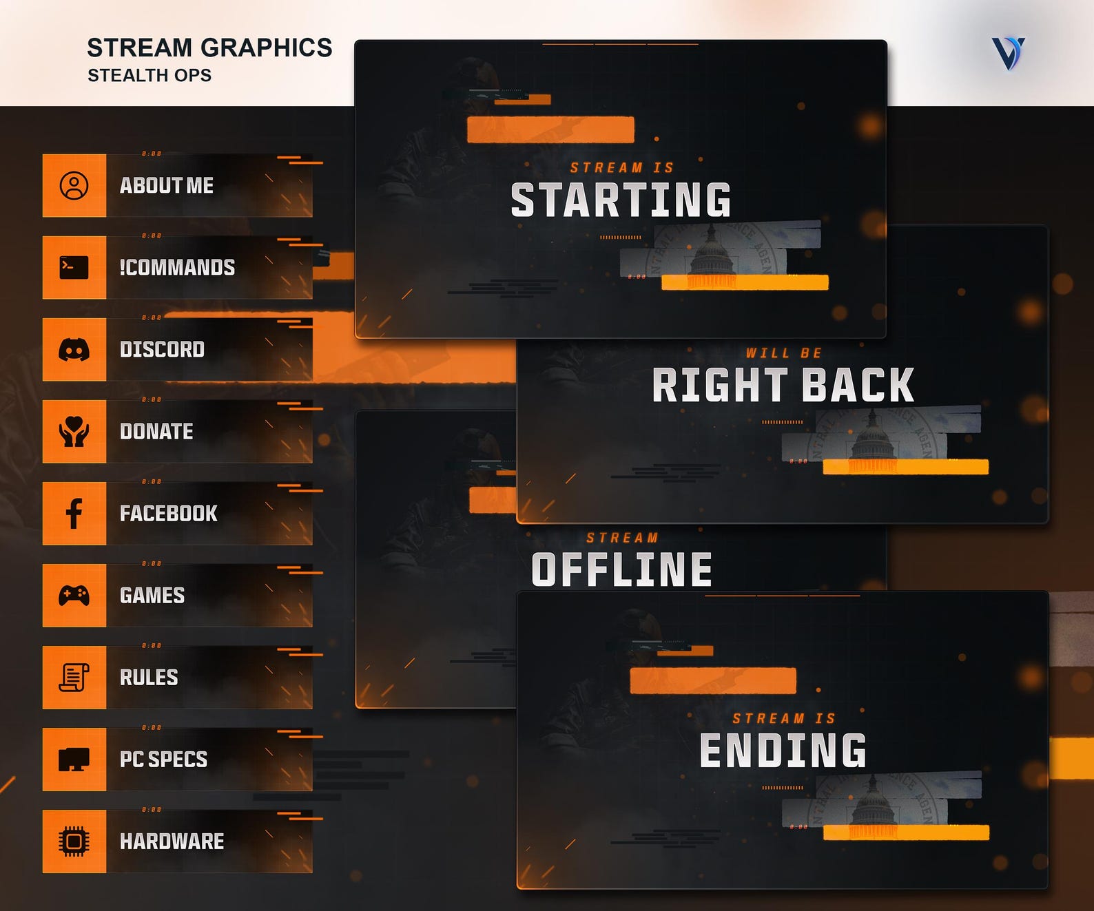 Stealth Ops Stream Pack Animated, Military Black Orange Themed Twitch Overlay Bundle | Kick ...