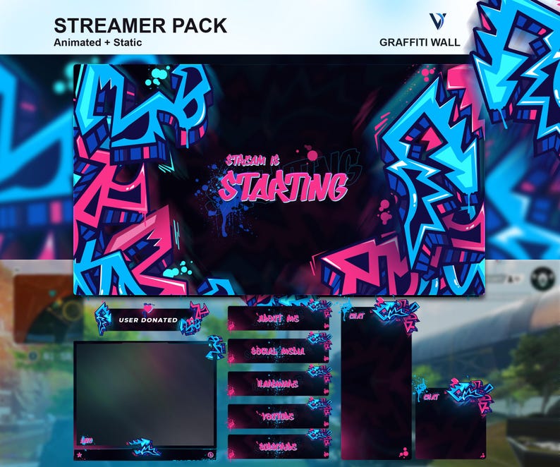 Graffiti Wall Animated Streamer Pack: Blue & Pink Twitch Overlay ...
