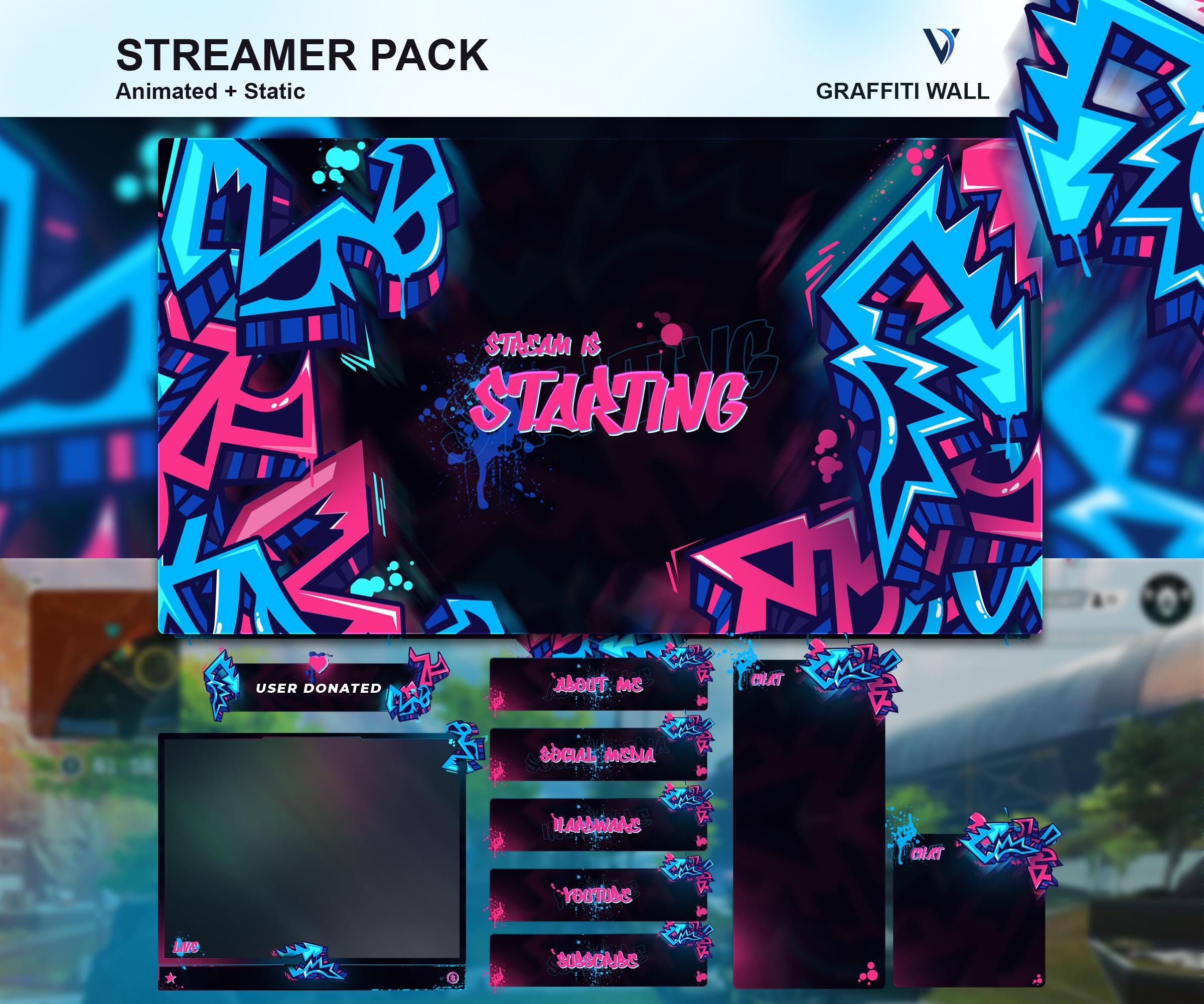 Graffiti Wall Animated Streamer Pack: Blue & Pink Twitch Overlay ...