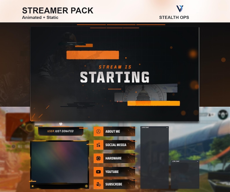 Stealth Ops Stream Pack Animated, Military Black Orange Themed Twitch Overlay Bundle | Kick ...