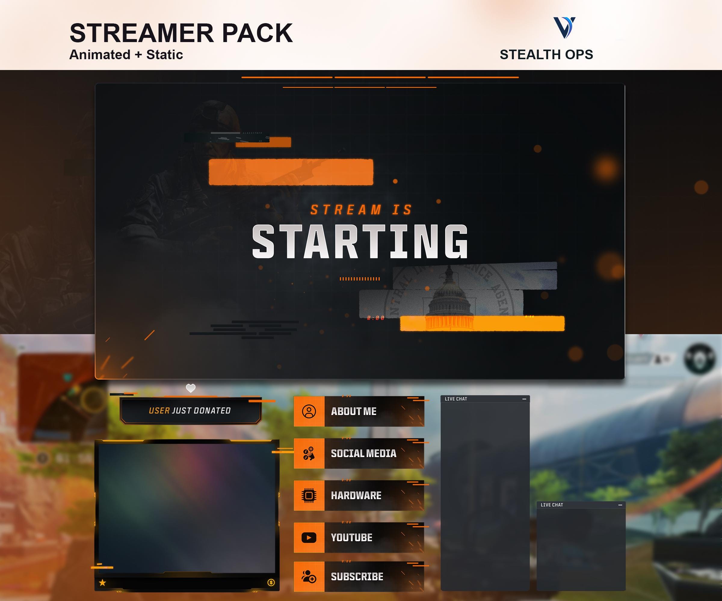 Stealth Ops Stream Pack Animated, Military Black Orange Themed Twitch ...