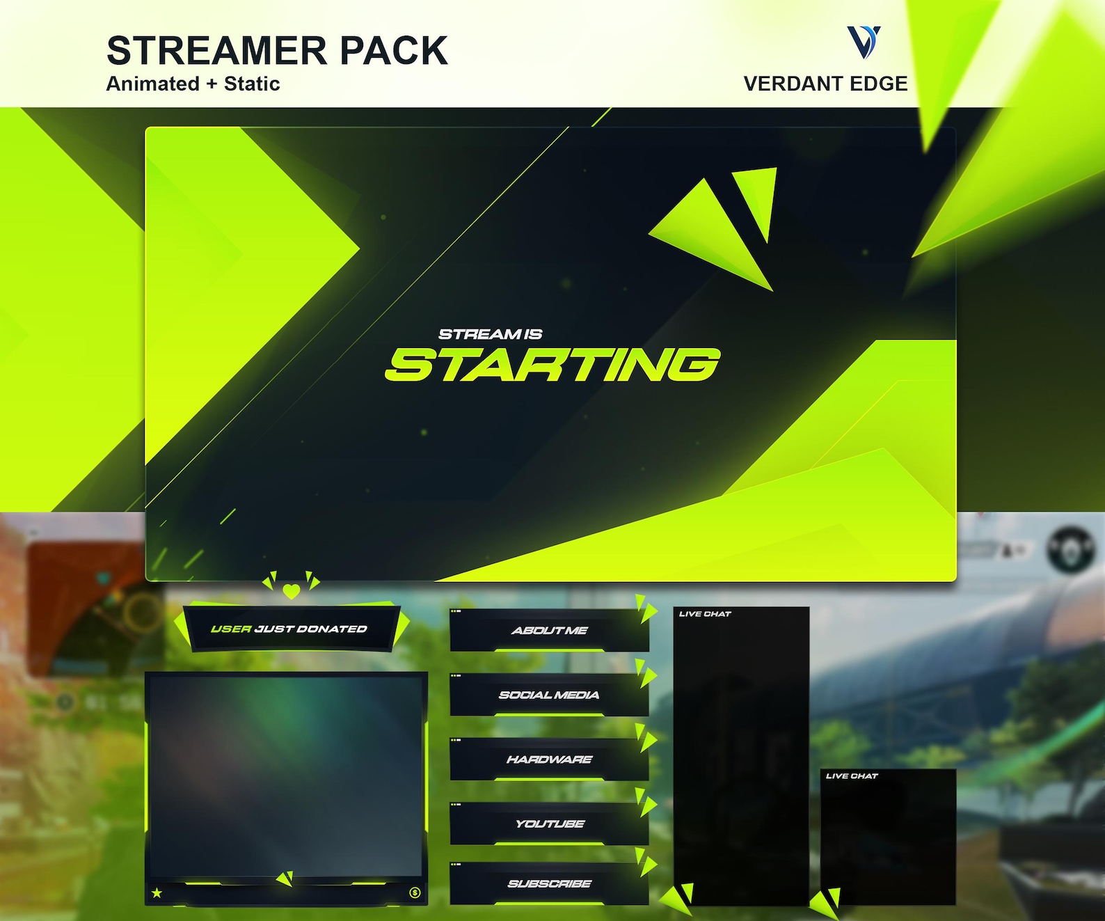 Verdant Edge Animated Stream Pack | Neon Green Twitch Overlay Bundle / Twitch Youtube Kick ...