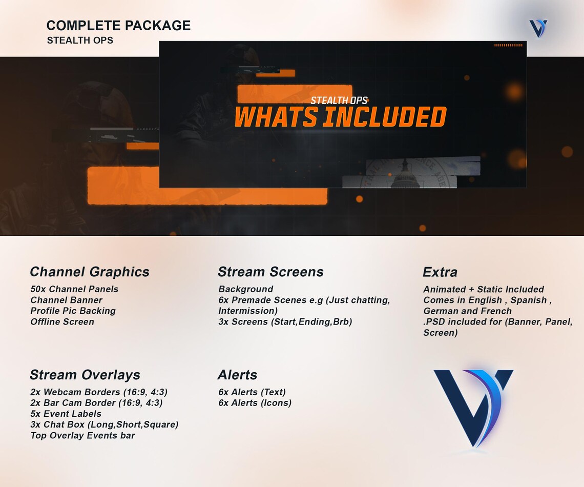 Stealth Ops Stream Pack Animated, Military Black Orange Themed Twitch Overlay Bundle | Kick ...