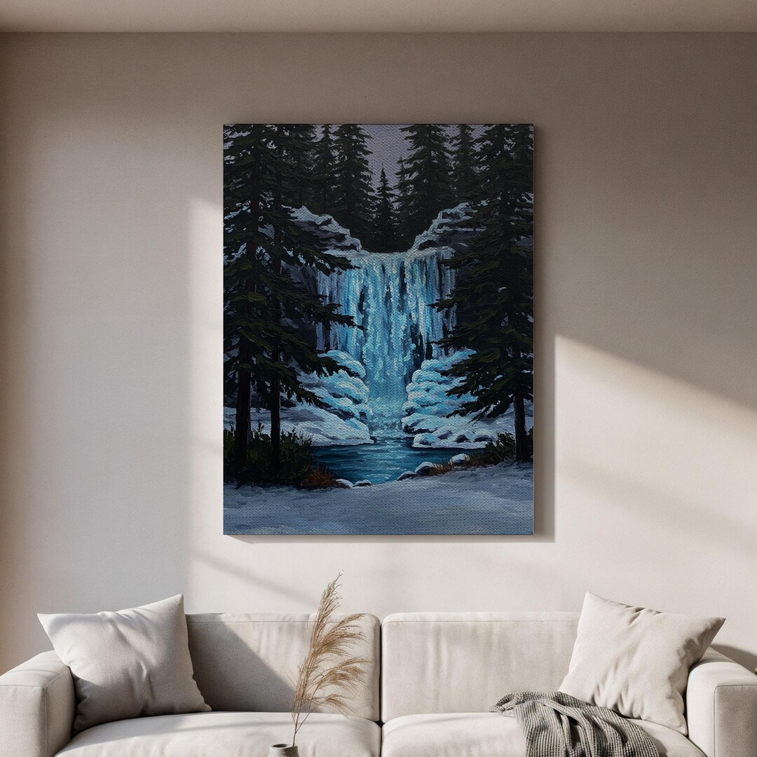 Winter Waterfall Canvas Art, Snowy Forest Cascade Scene, Peaceful ...