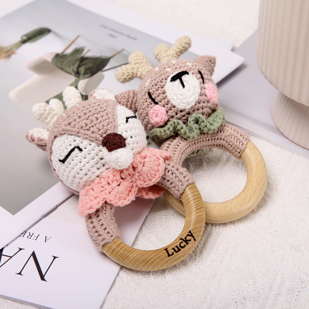 Custom Crochet Baby Rattle With Engraved Wooden Ring Personalized ...