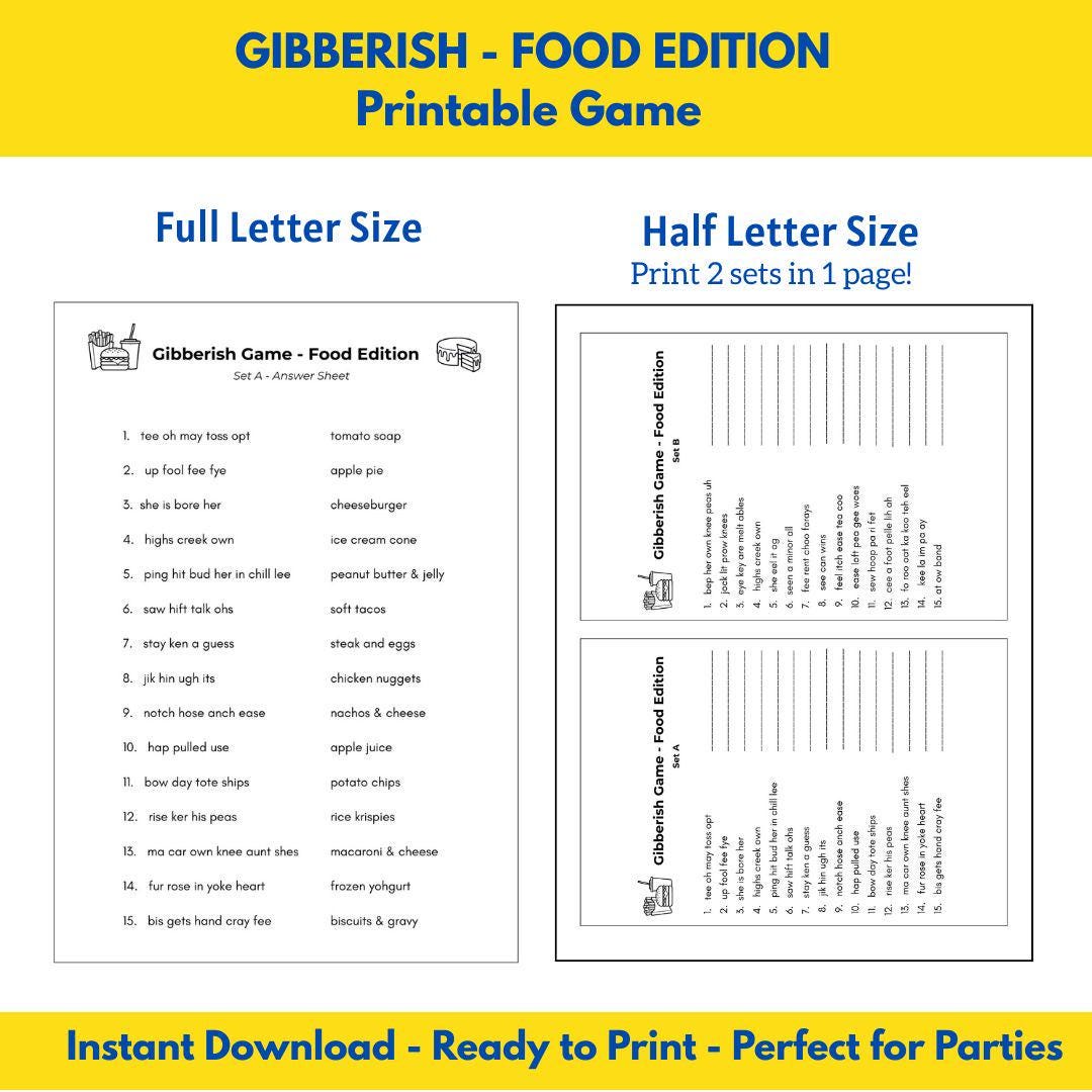 Gibberish Game Food Edition Printable | Instant Download, Adult ...